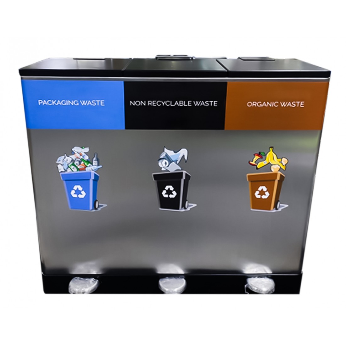 Set 3 cosuri gunoi colectare selectiva, inox, 105 L